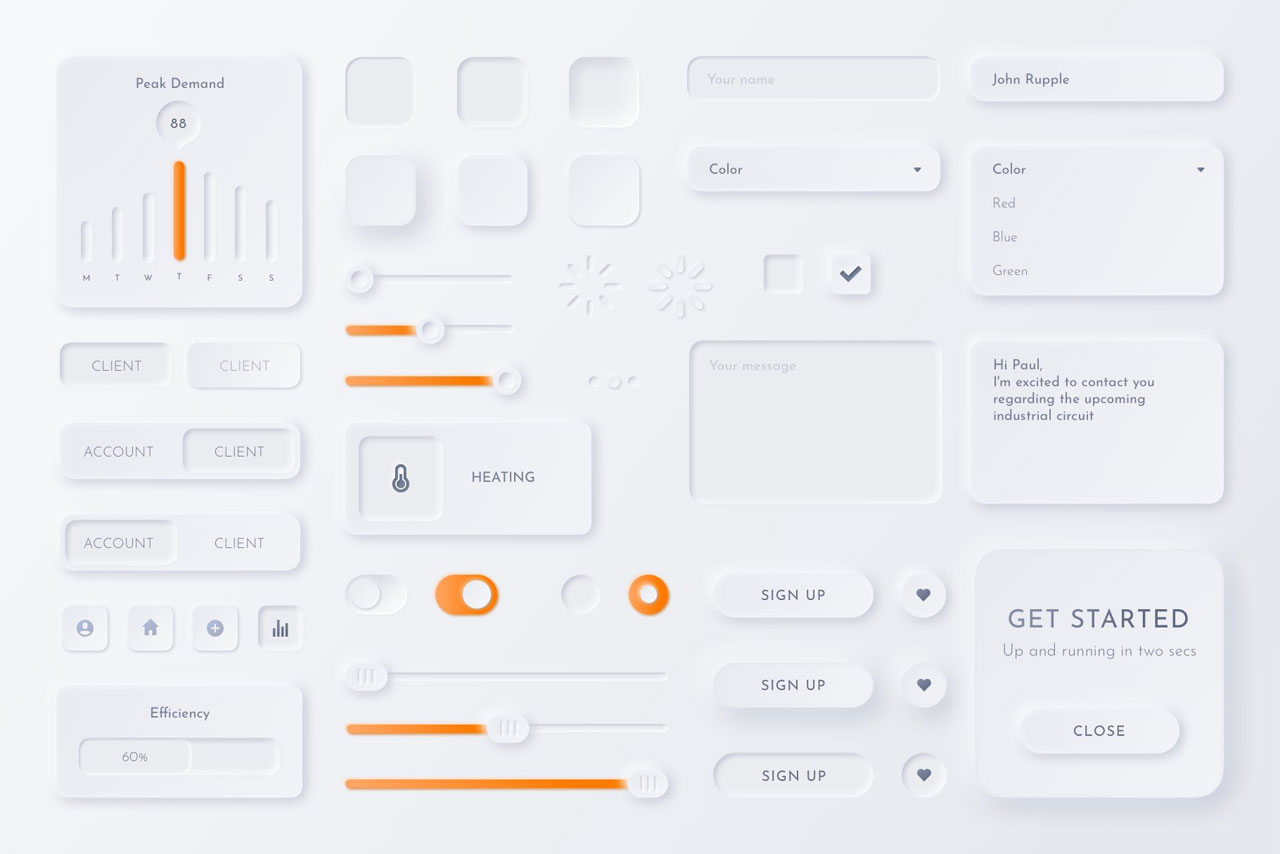 Neumorphic Soft UI Kit for Sketch, Photoshop, Adobe XD, and Figma.