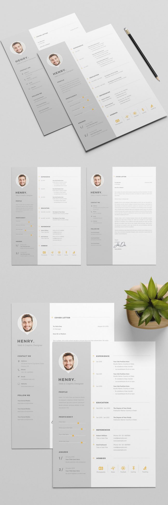 Resume & CV Template with Gray Sidebar Element & Orange Details