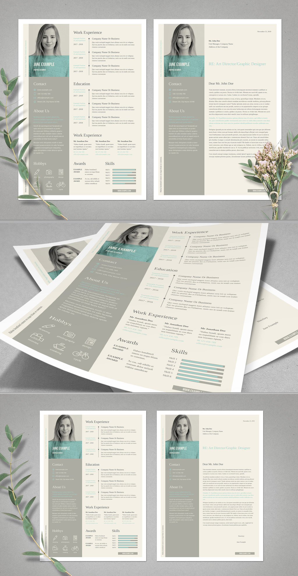 Light Beige Resume and CV InDesign Templates with Pale Cyan Accents