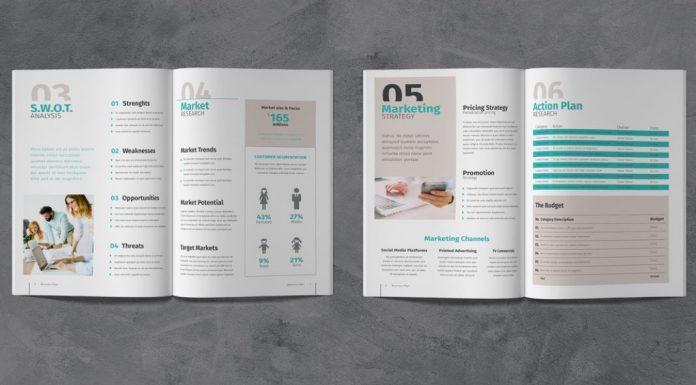 Marketing Plan Brochure Template for Adobe InDesign with Beige and Blue ...