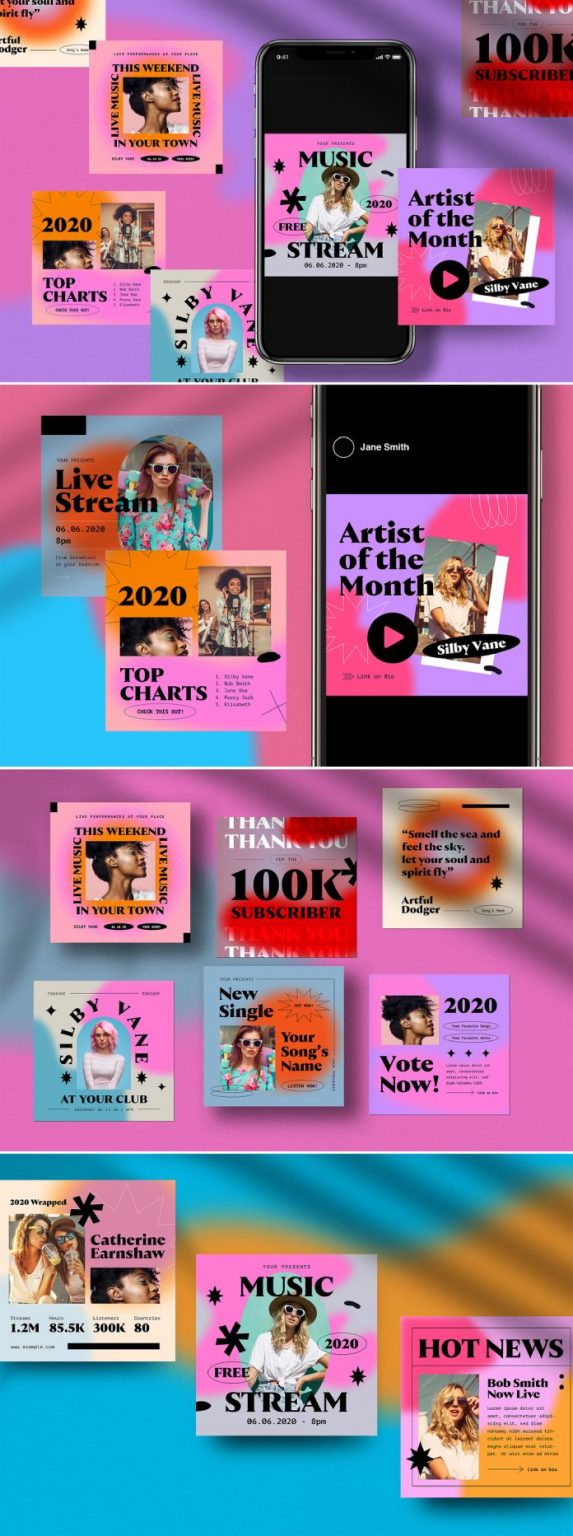 90s Retro Social Media Post Templates with Colorful Gradients and Graphics