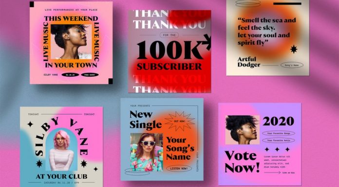 90s Retro Social Media Post Templates with Colorful Gradients and Graphics